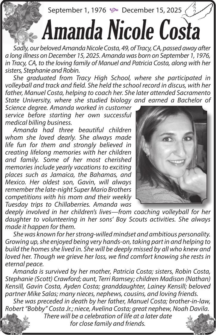 Amanda Nicole Costa | Tracy Press Obituaries | ttownmedia.com