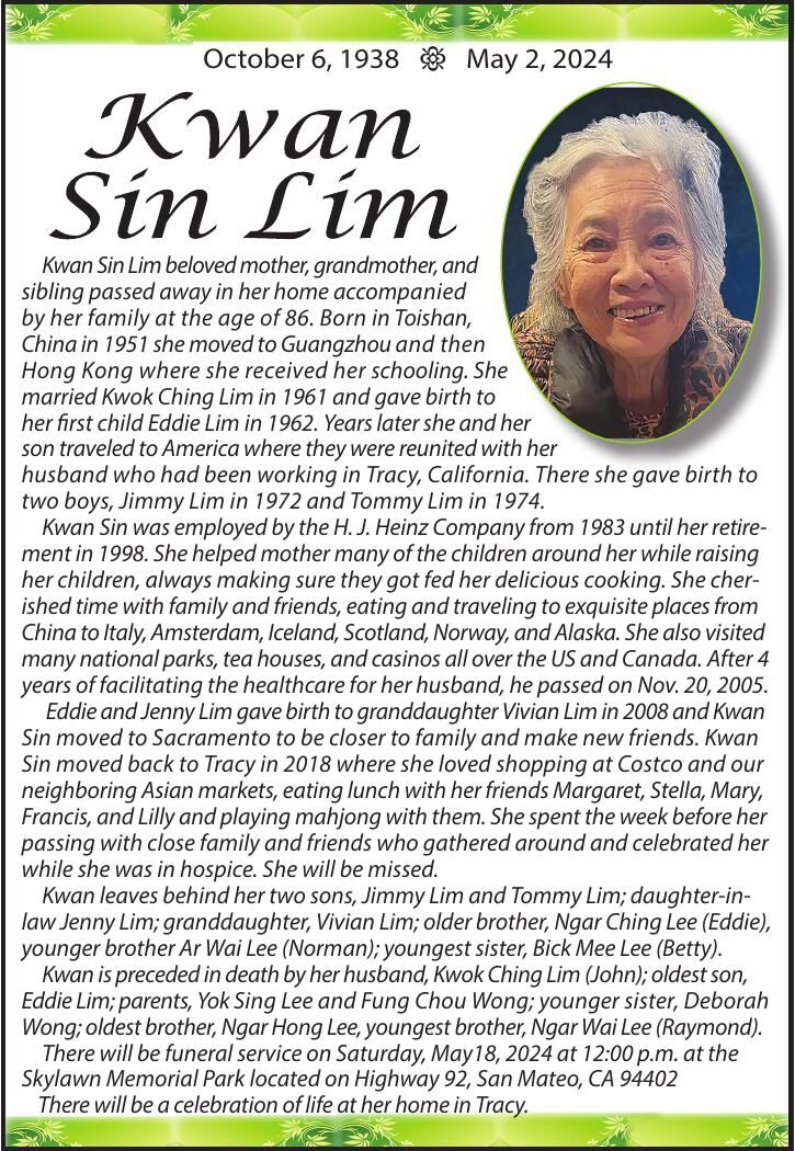 Kwan Sin Lim | Tracy Press Obituaries | ttownmedia.com