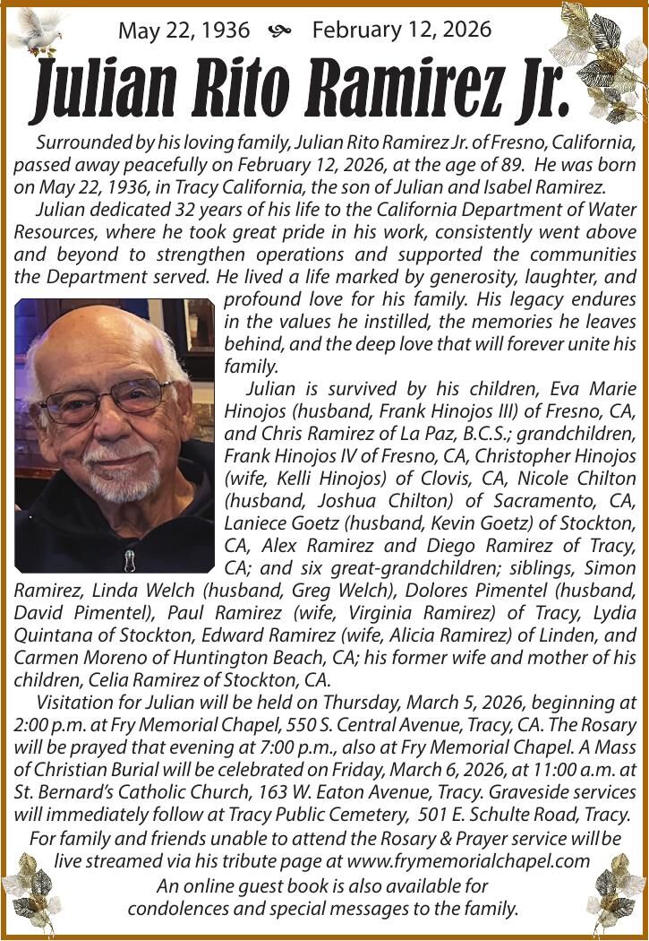 Julian Rito Ramirez Jr. | Tracy Press Obituaries | ttownmedia.com