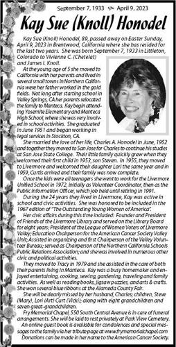 Kay Sue (Knoll) Honodel | Tracy Press Obituaries | ttownmedia.com