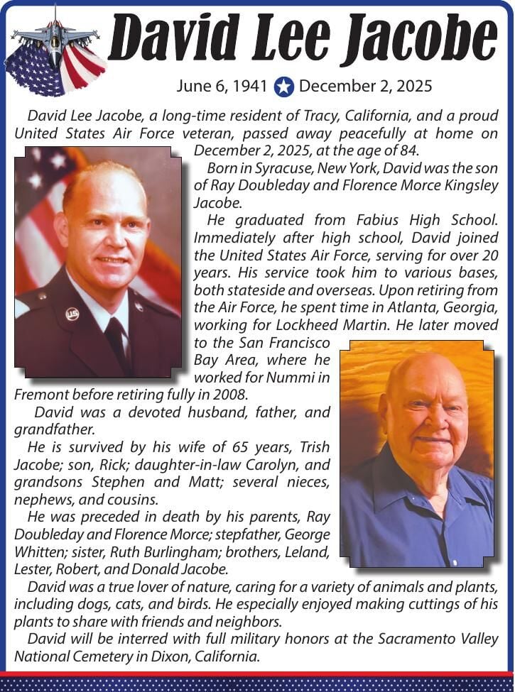 David Lee Jacobe | Tracy Press Obituaries | ttownmedia.com