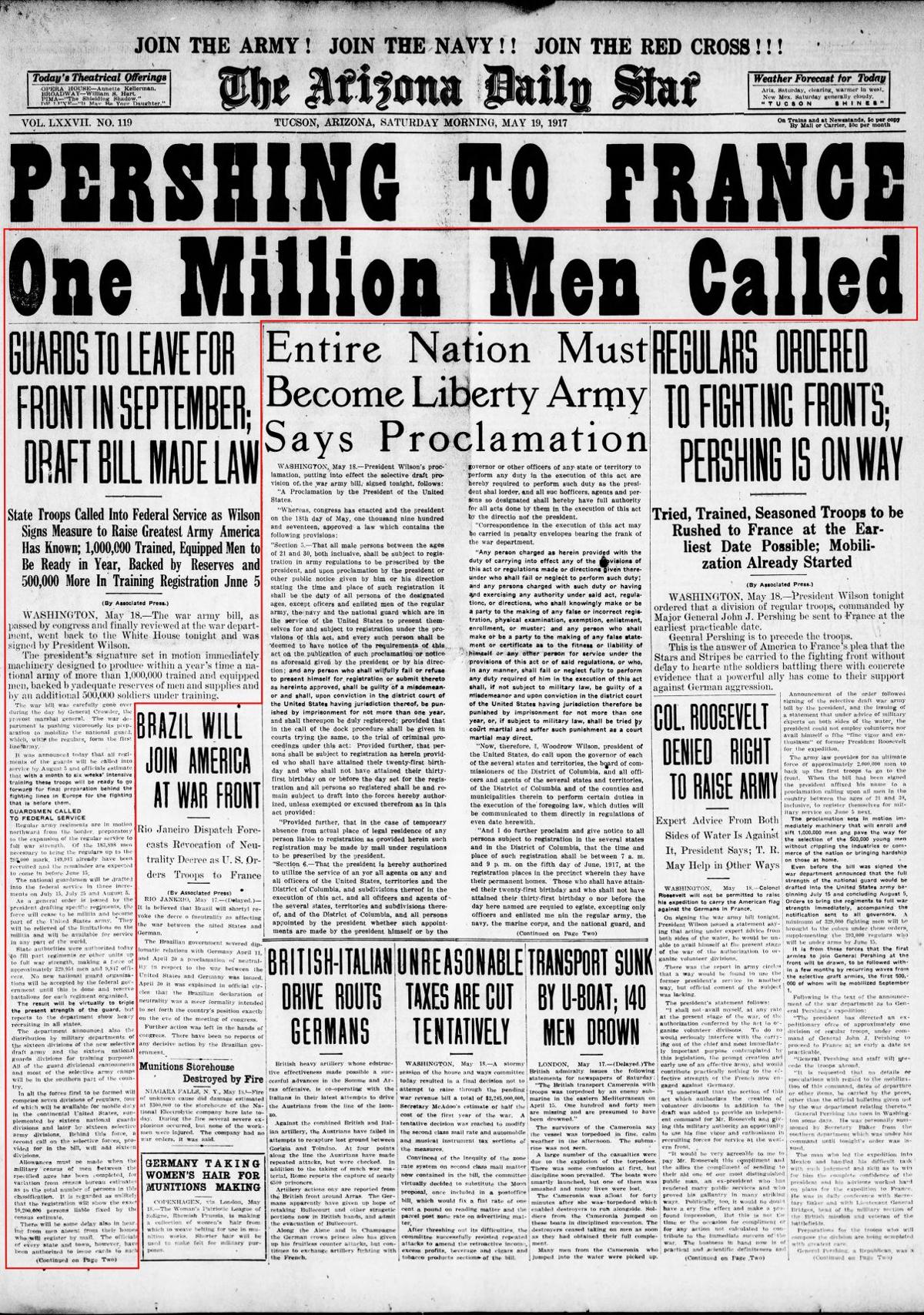Saturday, May 19, 1917, front page: Selective Service Act