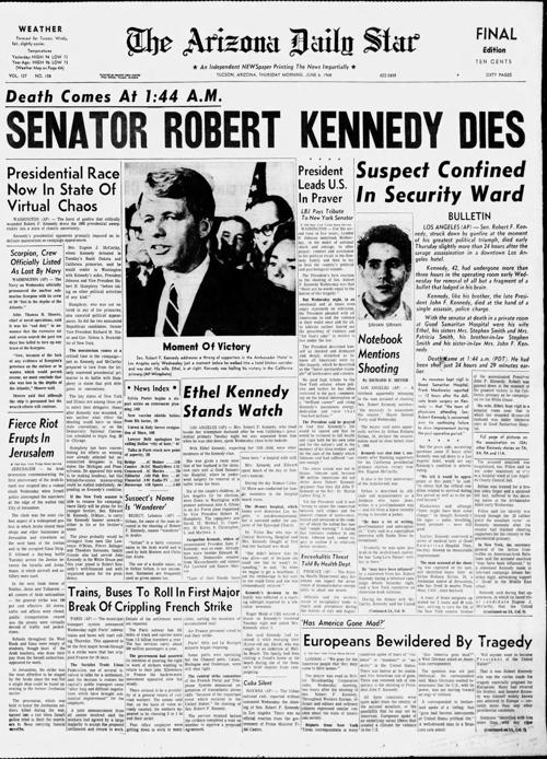 Arizona Daily Star front page: Robert F. Kennedy assassinated