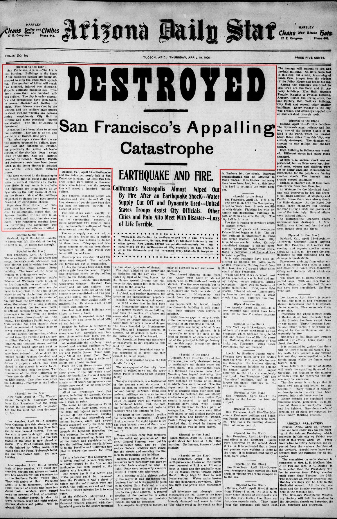 Thursday, April 19, 1906 front page: Earthquake in San Francisco