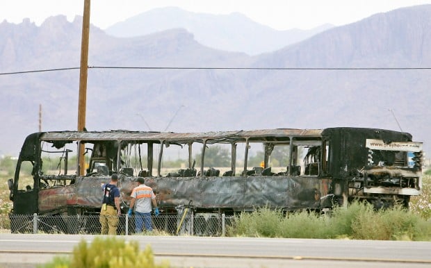 Greyhound bus destroyed by fire on northwest side