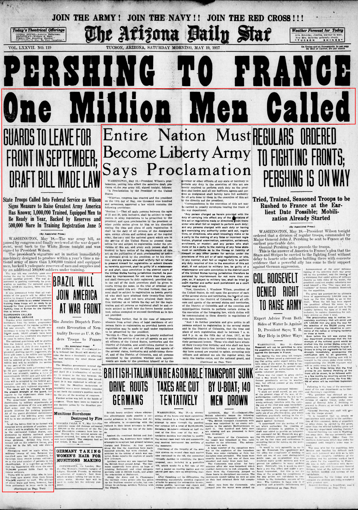 Saturday, May 19, 1917, front page: Selective Service Act