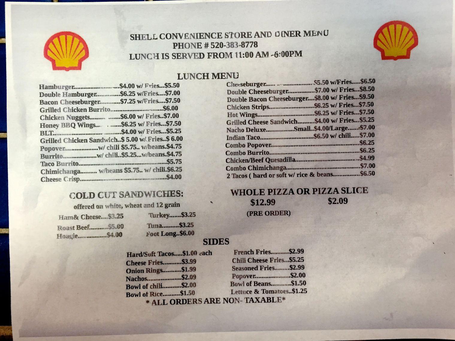 Shell diner menu