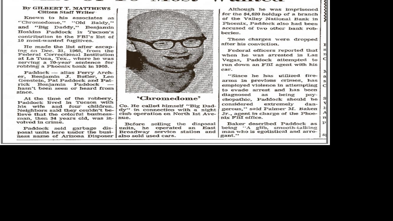 News clippings on Benjamin Paddock, Tucson armed robber in 60s