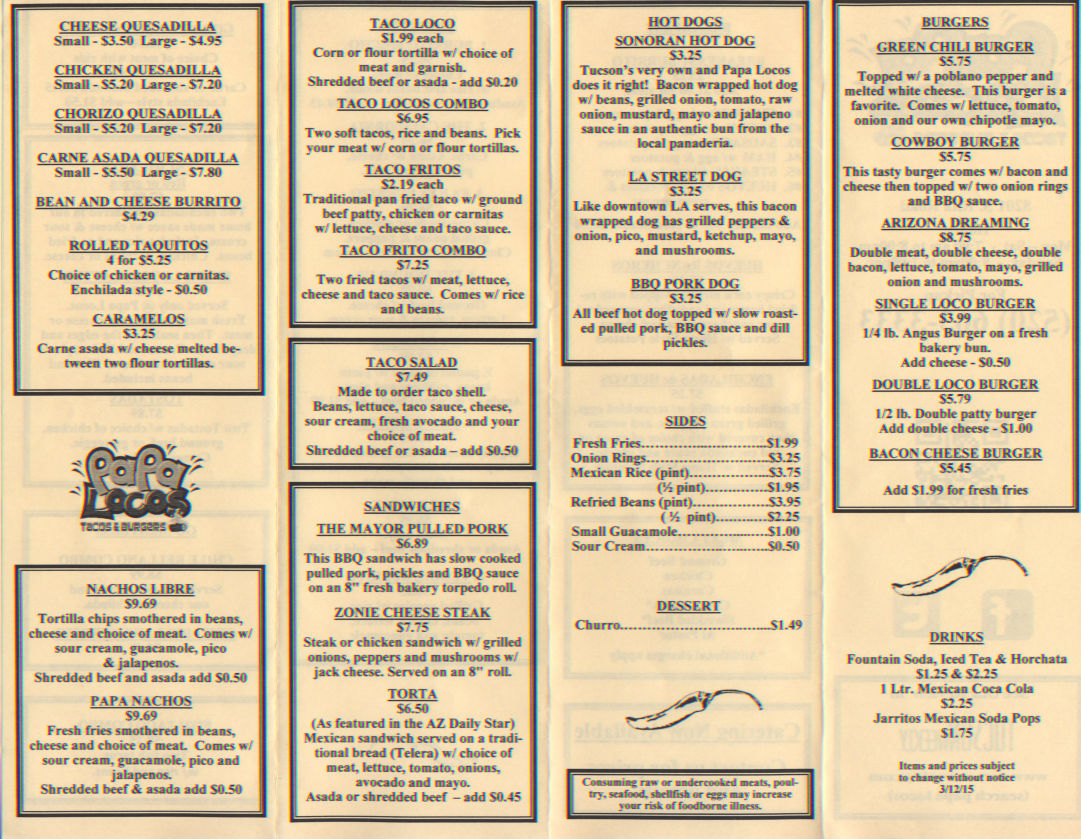 Papa Locos Tacos and Burgers menu