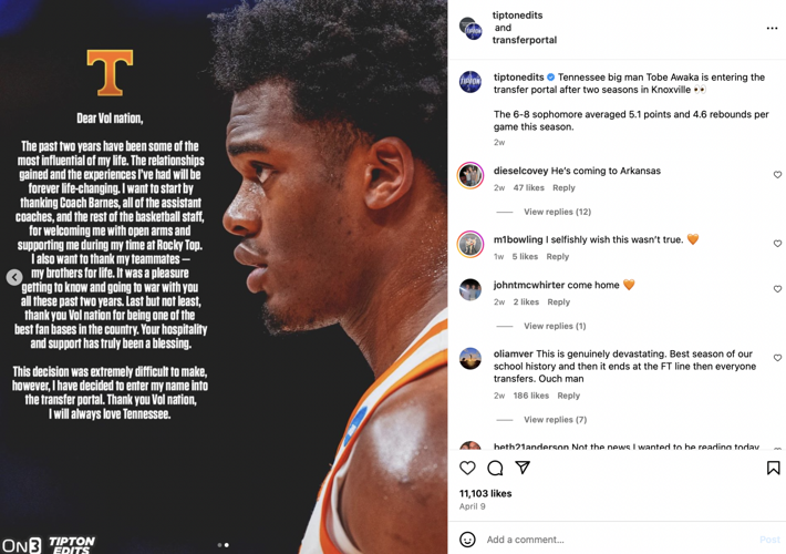 Tennessee transfer forward Tobe Awaka takes visit to Arizona Wildcats