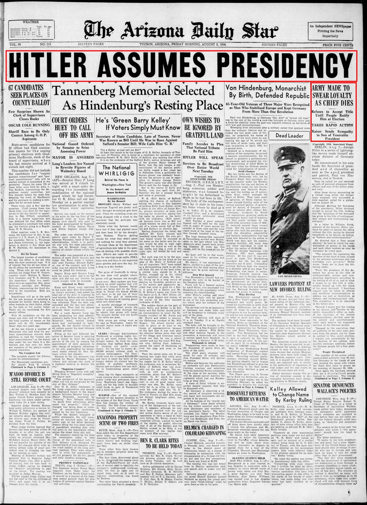 Aug. 3, 1934: Hitler becomes president of Germany