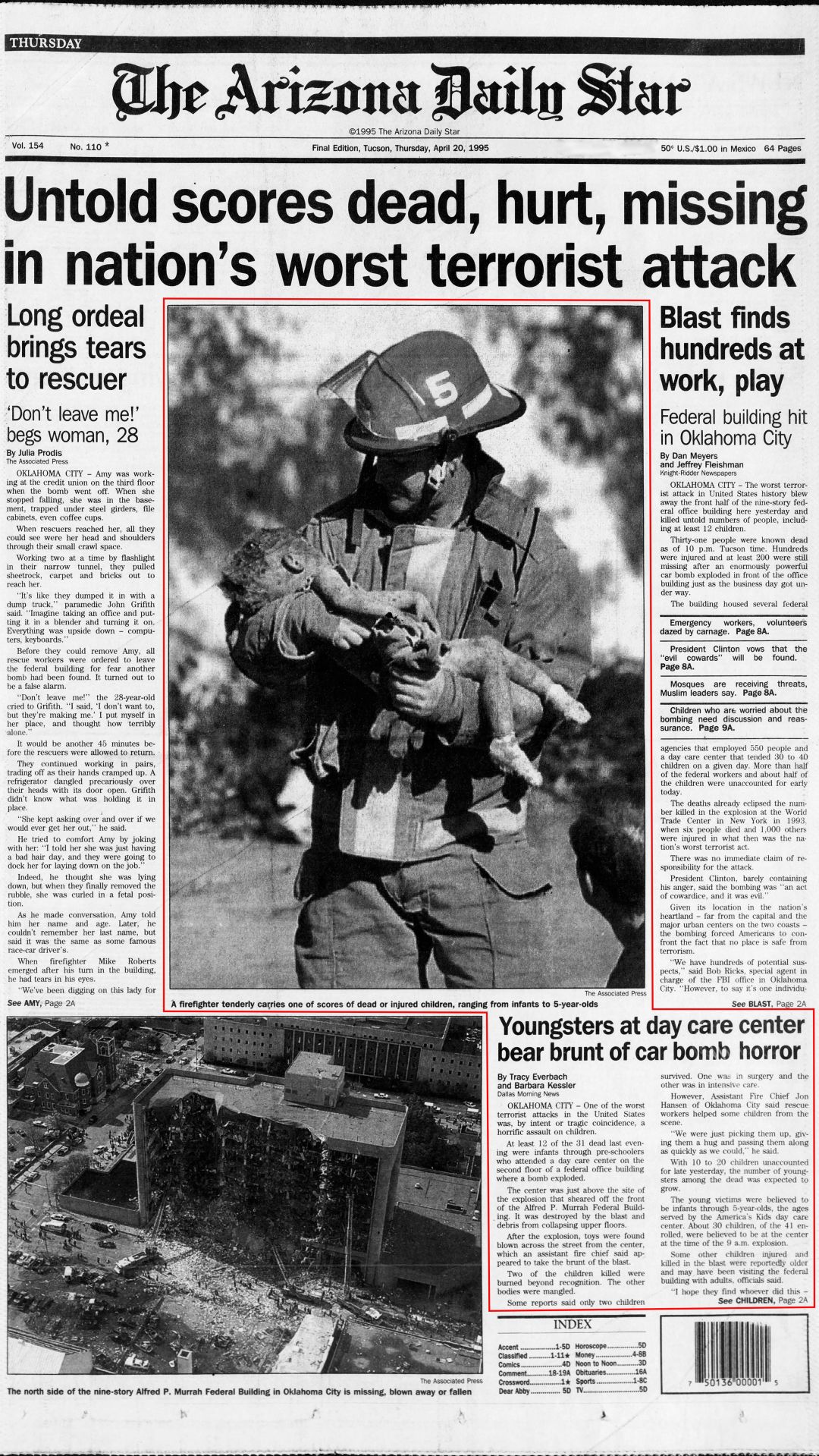 Thursday, April 20, 1995, front page: Bombing in Oklahoma City ...