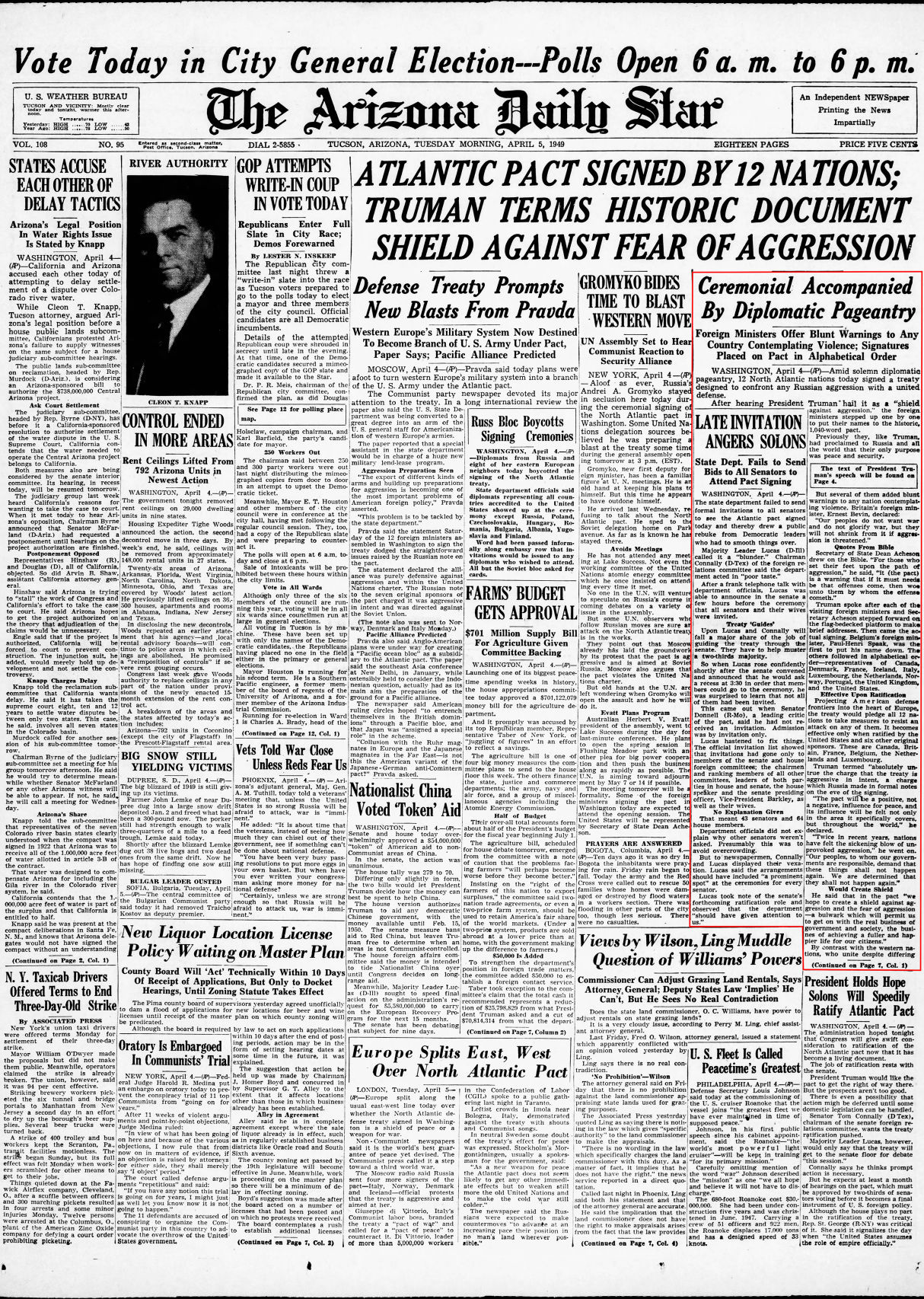 Tuesday, April 5, 1949, front page: NATO pact signed