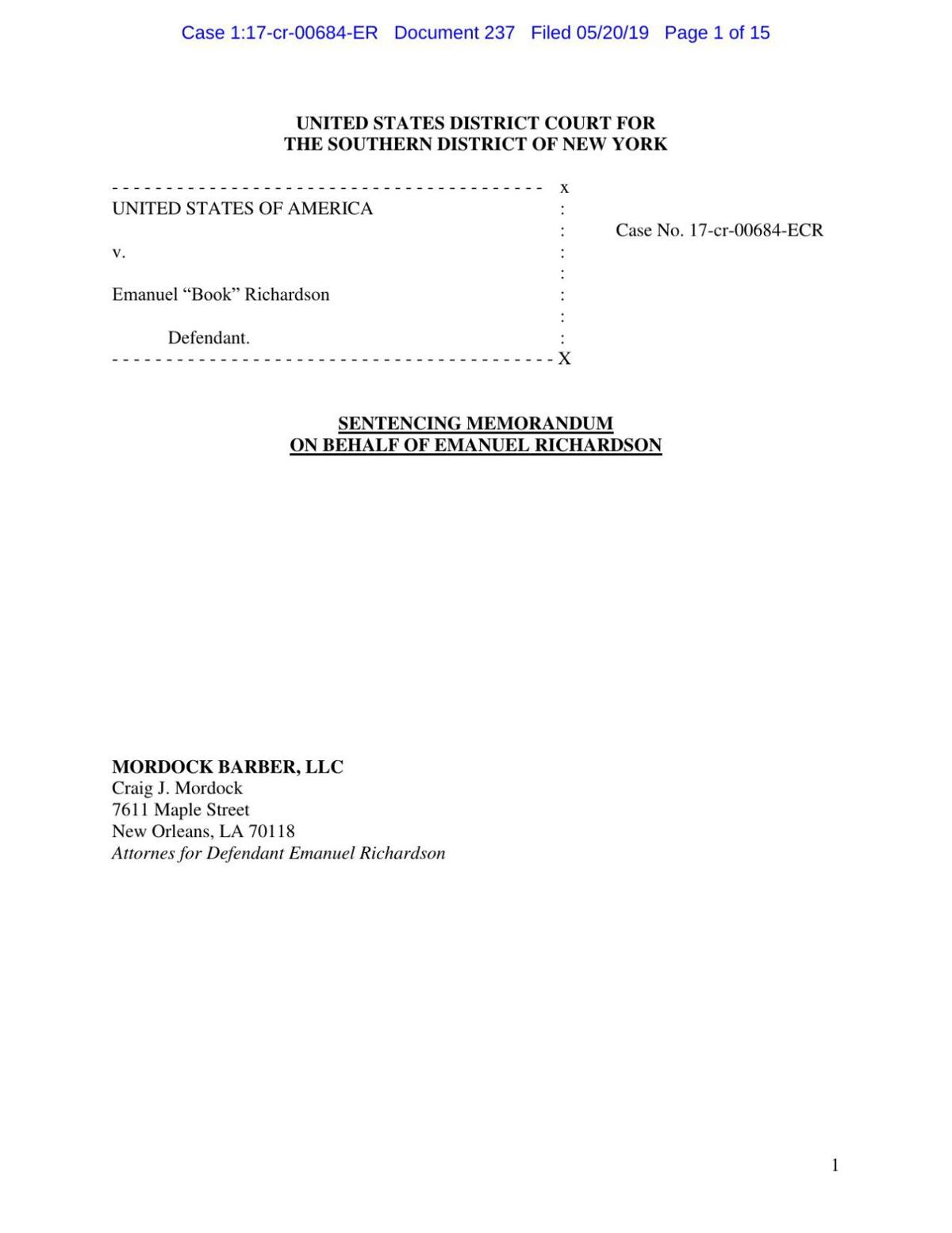 Sentencing memorandum from Craig Mordock, Book Richardson's attorney