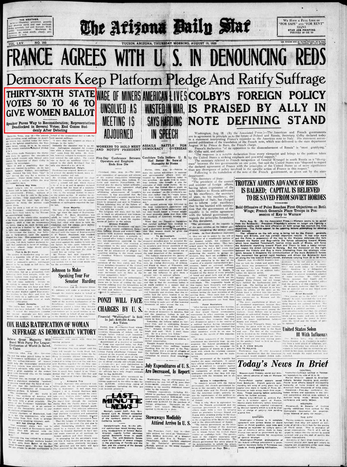 Aug. 19, 1920: The 19th amendment is ratified by the 36th state
