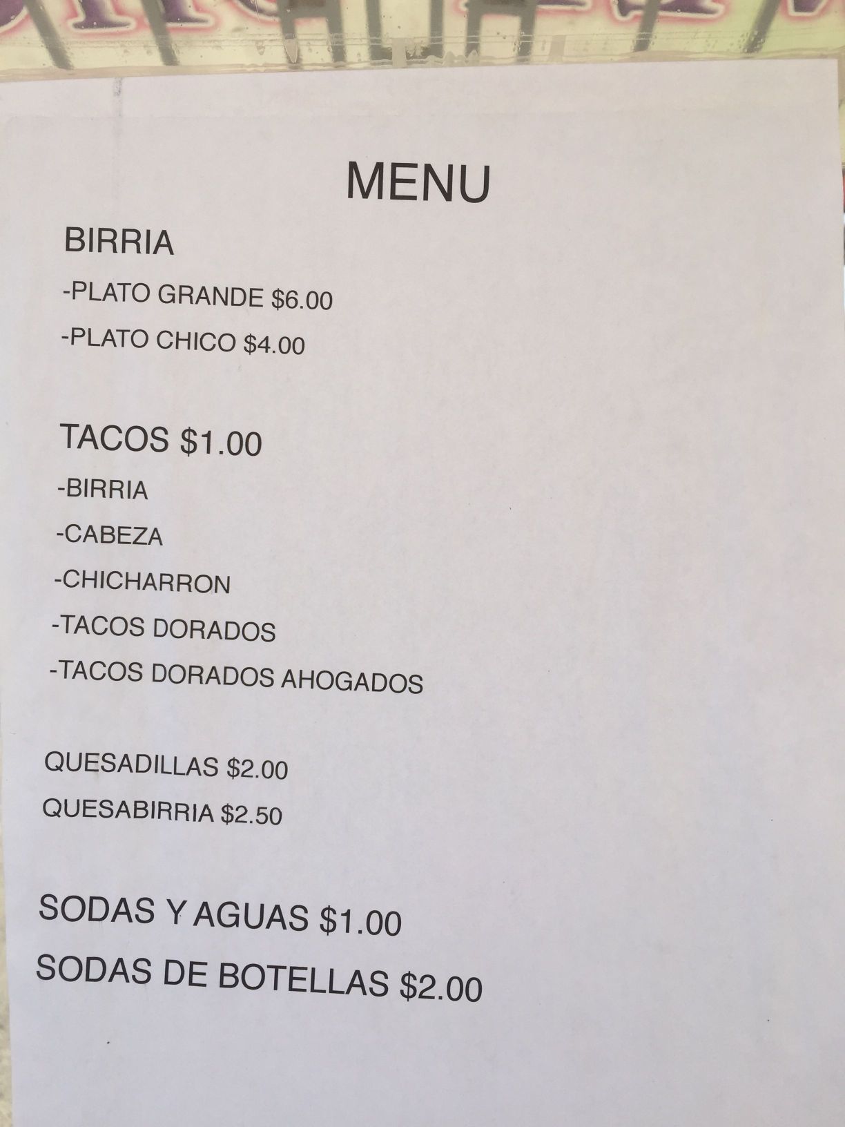 Los Dos Potrillos menu