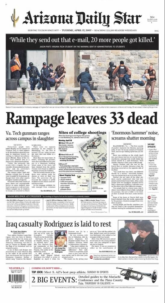 Tuesday, April 17, 2007 front page: Mass shooting at Virginia Tech