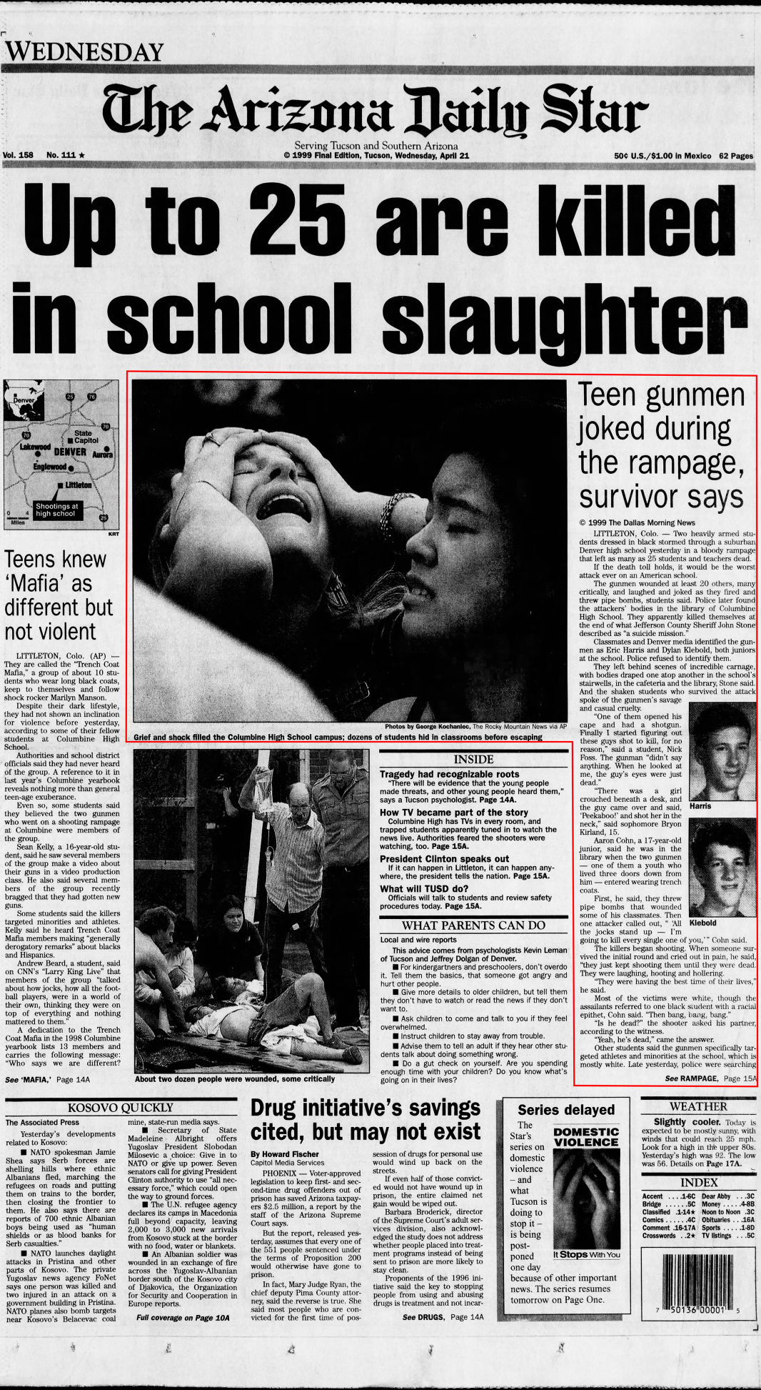 Wednesday April 21, 1999, front page: Mass shooting at Columbine High