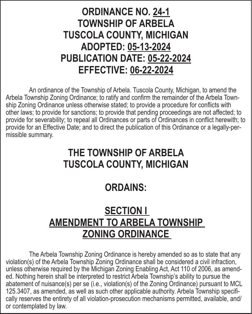 Arbela Township Ordinance Amendment Notice | Public Notices | tuscolatoday.com
