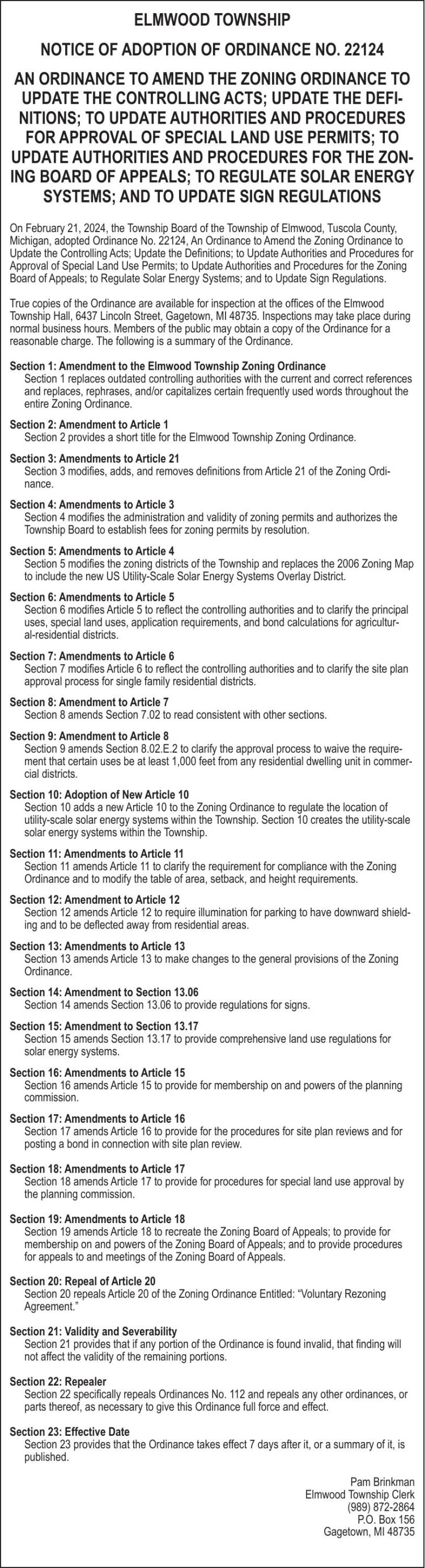 Elmwood Township Notice of Ordinance Adoption No 22124 4 | Public ...