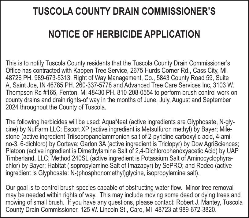 Tuscola County Drain Commission Herbicide Application Notice | Public ...