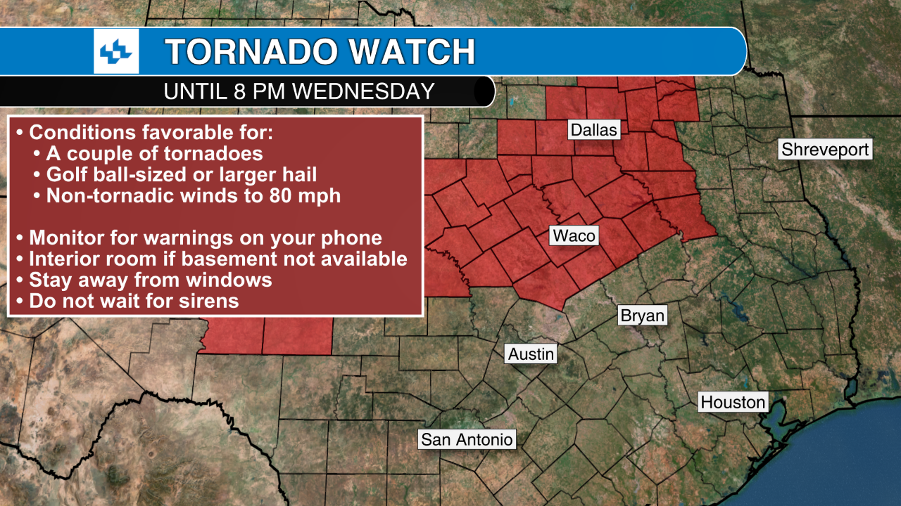Tornado Watch for Texas until 8 p.m. Wednesday