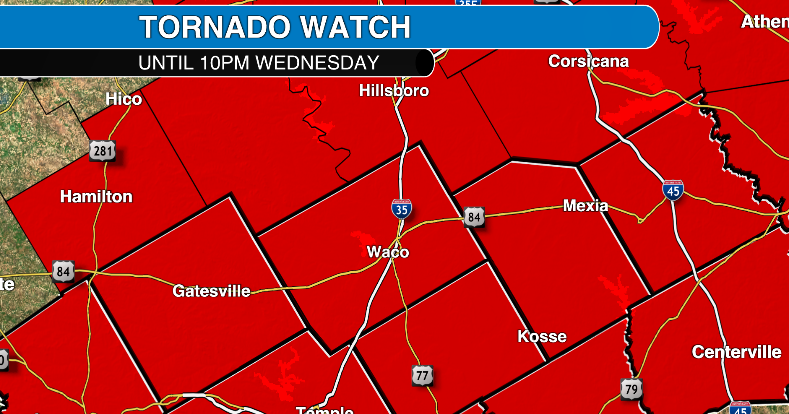 Tornado watch for central Texas until 10pm Wednesday