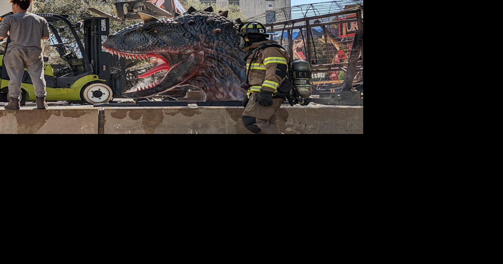 Flaming dinosaur robot darkens downtown Waco skyline with smoke