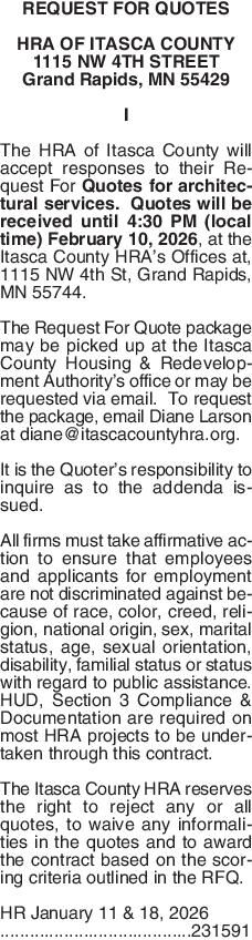 REQUEST FOR QUOTES HRA OF ITASCA COUNTY | Legal Announcements ...