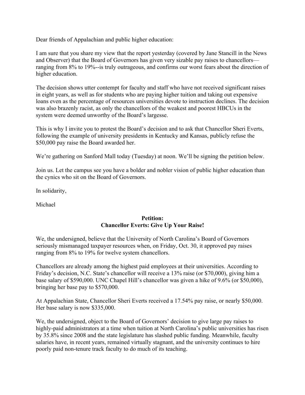 Faculty, students protest chancellor raises | News | wataugademocrat.com