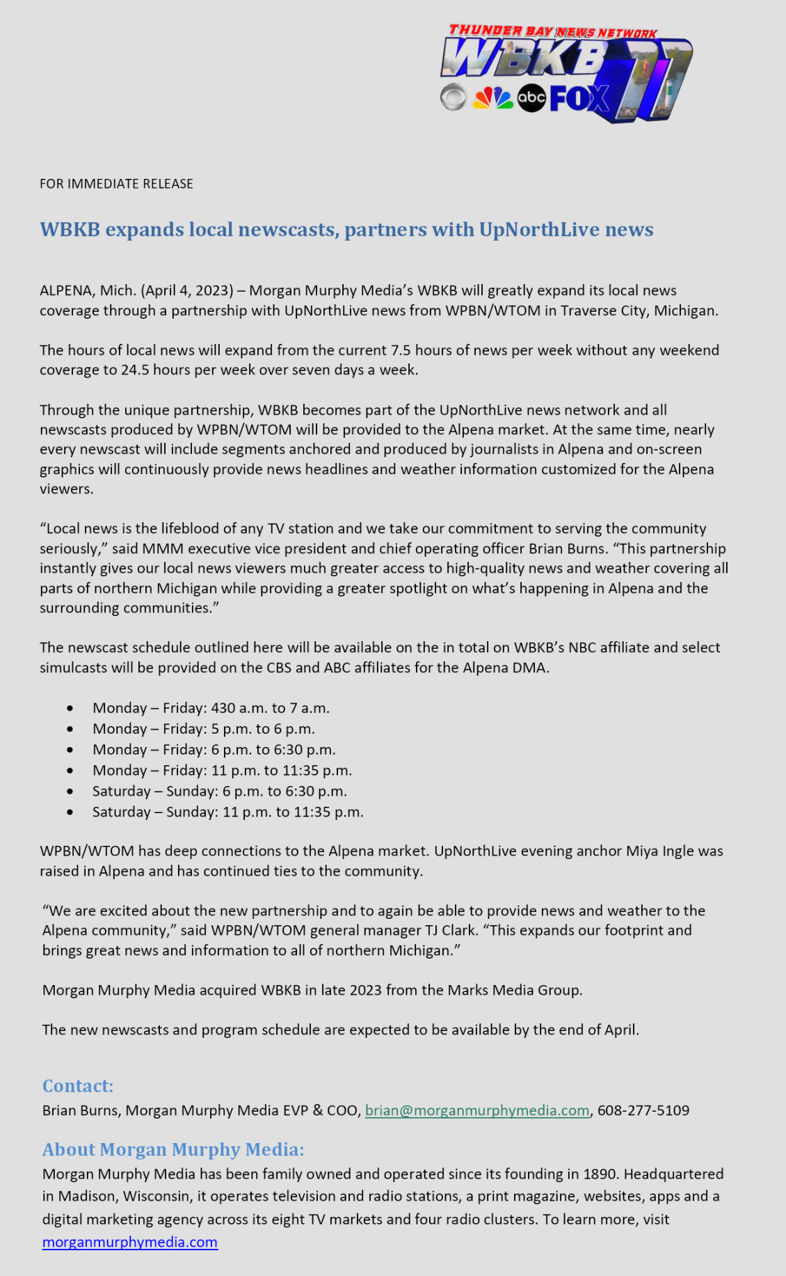 WBKB expands local newscasts, partners with UpNorthLive news | Features ...