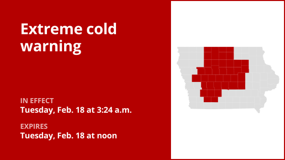 Update: Iowa under an extreme cold warning Tuesday midday