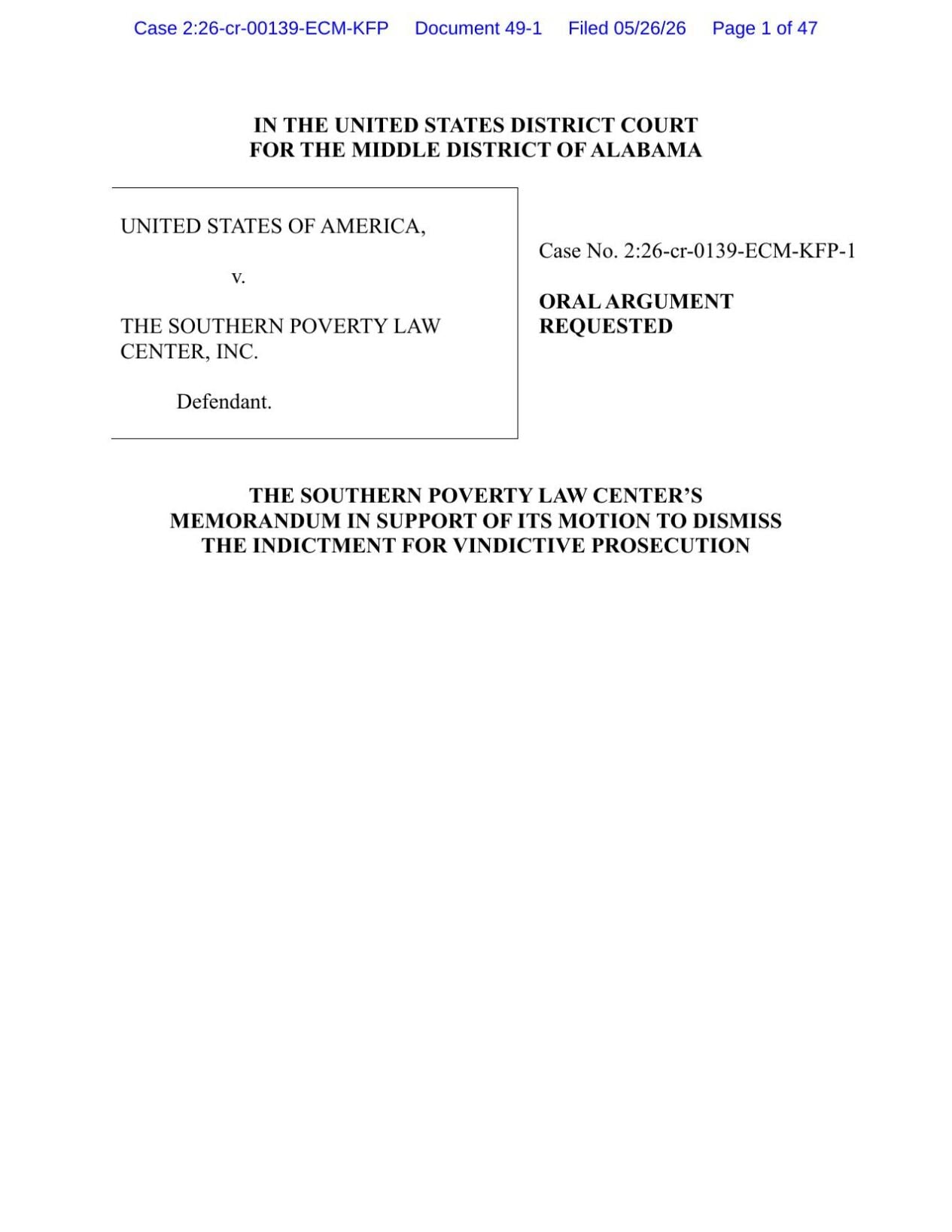SPLC files motion alleging vindictive prosecution by DOJ | News | wcov.com