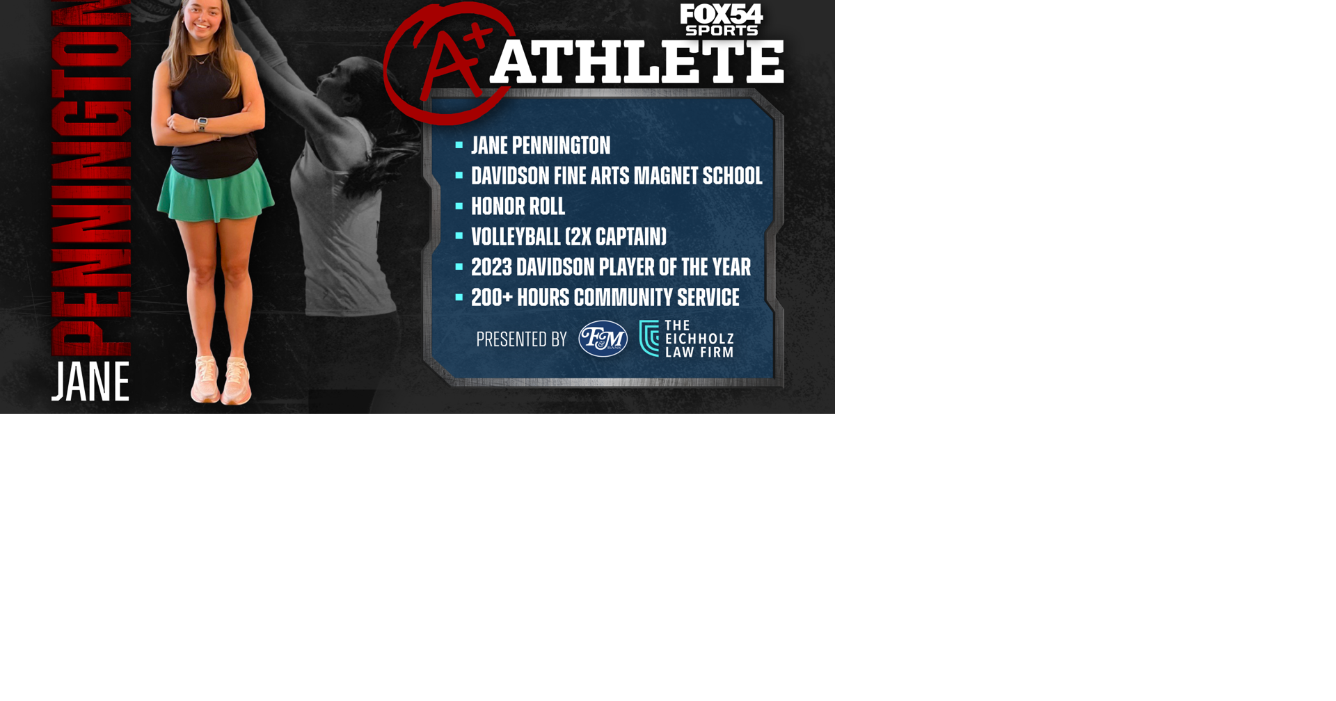 Davidson Fine Arts Magnet School Jane Pennington named Fox54's A+ Athlete | News | wfxg.com