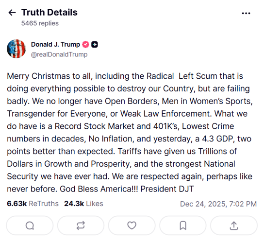 President Trump posts on Truth Social during Christmas | National ...