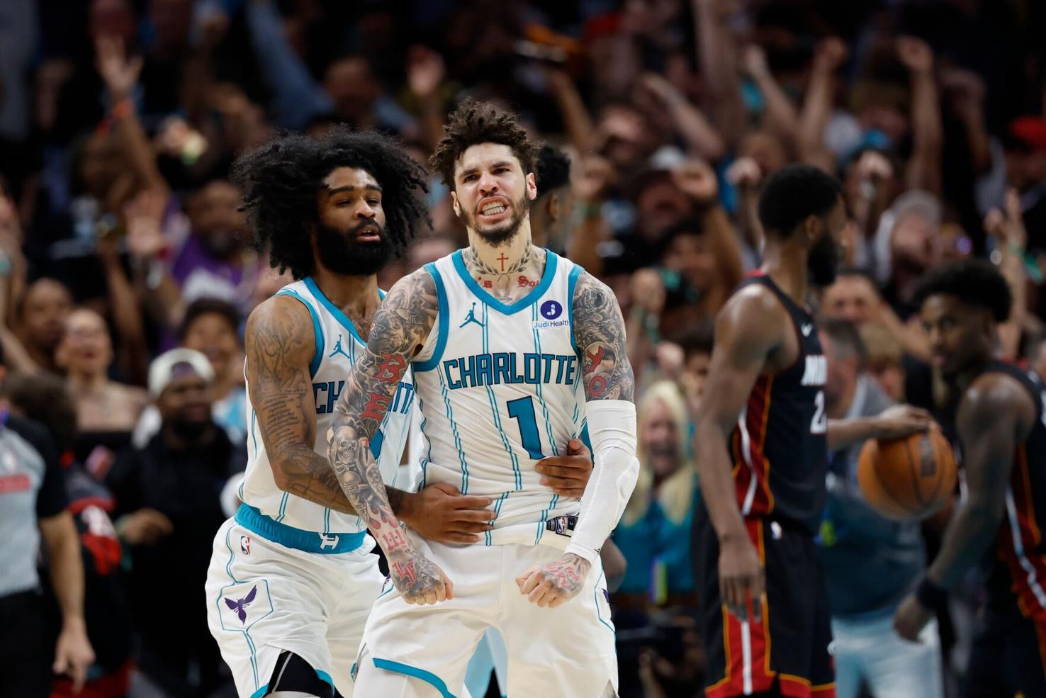 LaMelo Ball punches team mascot Hugo twice after Hornets knock Heat out ...