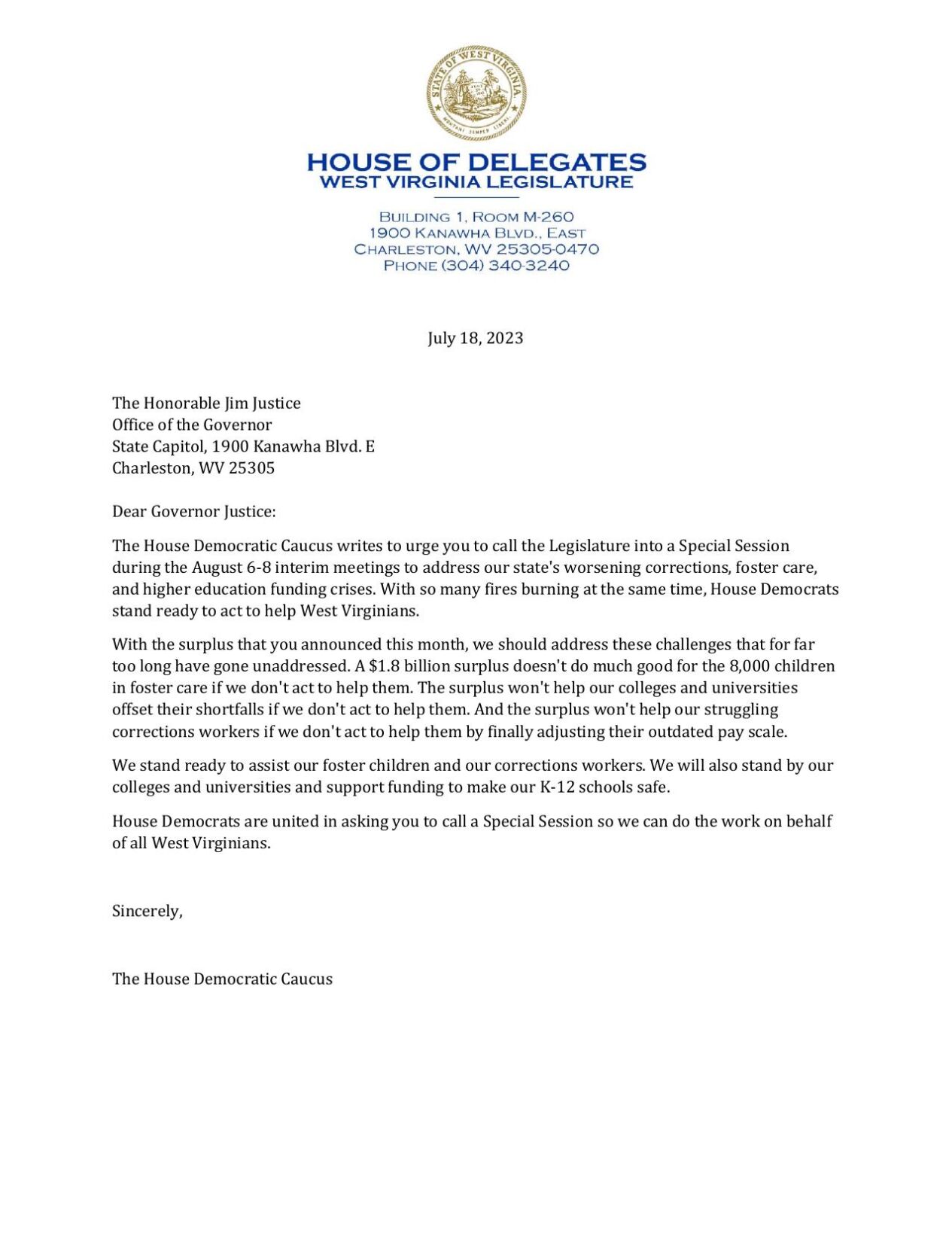 House Democratic Caucus - Letter to Justice | | wvnews.com