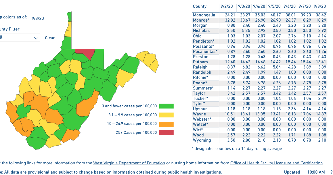 West Virginia color-coded map to be released at 5 p.m. on Saturdays ...