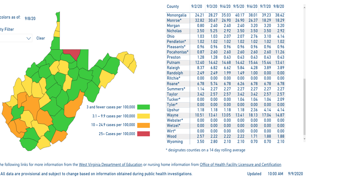 West Virginia color-coded map to be released at 5 p.m. on Saturdays ...