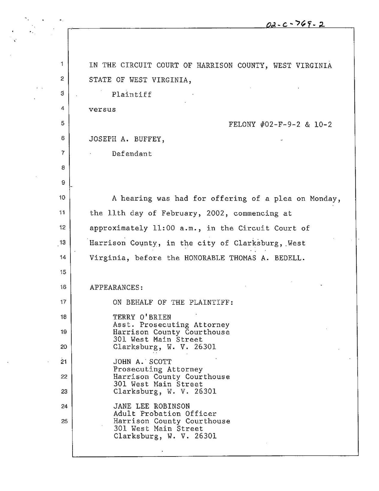 Transcript of Joseph A. Buffey's plea hearing held in 2002 | | wvnews.com