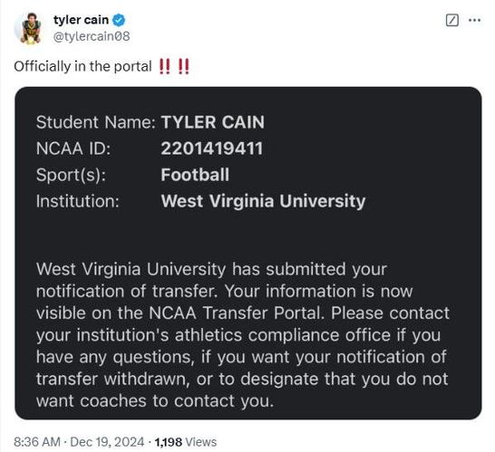 WVU linebacker Tyler Cain in portal again | West Virginia University ...
