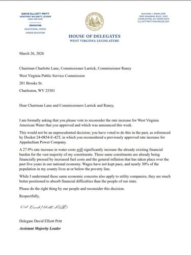West Virignia Del. Elliott Pritt urges PSC to reconsider water rate ...