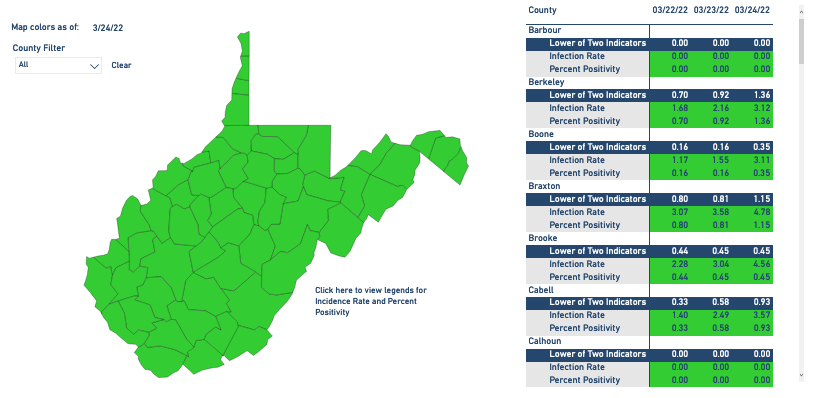 West Virginia County Alert System map now entirely green | WV News ...