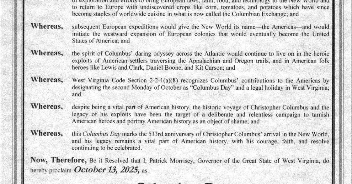 Morrisey signs proclamation recognizing Columbus Day in West Virginia ...
