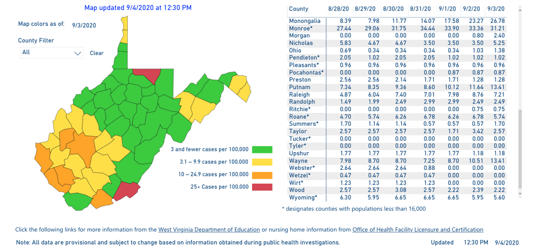 Update: West Virginia County Alert map updated; Monongalia moves into ...