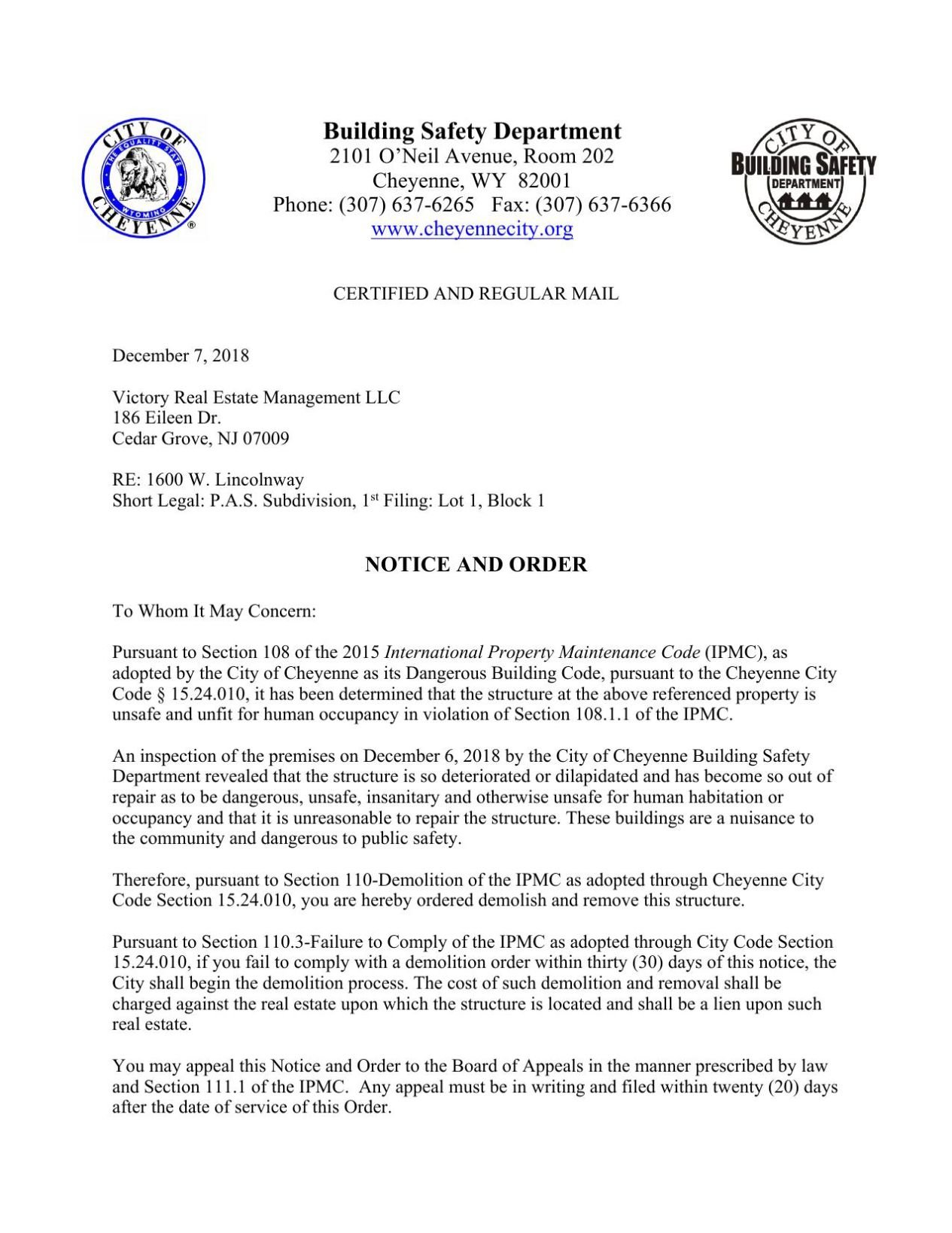 Hitching Post condemnation letter | | wyomingnews.com