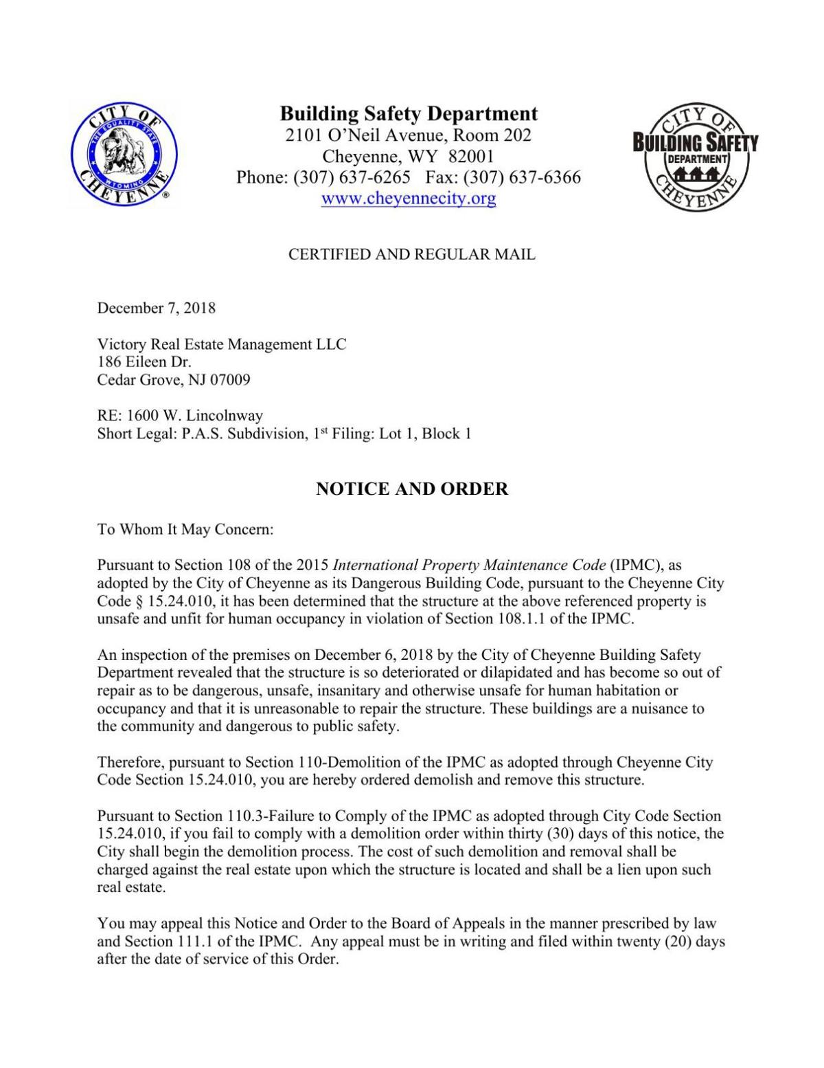 Hitching Post condemnation letter | | wyomingnews.com