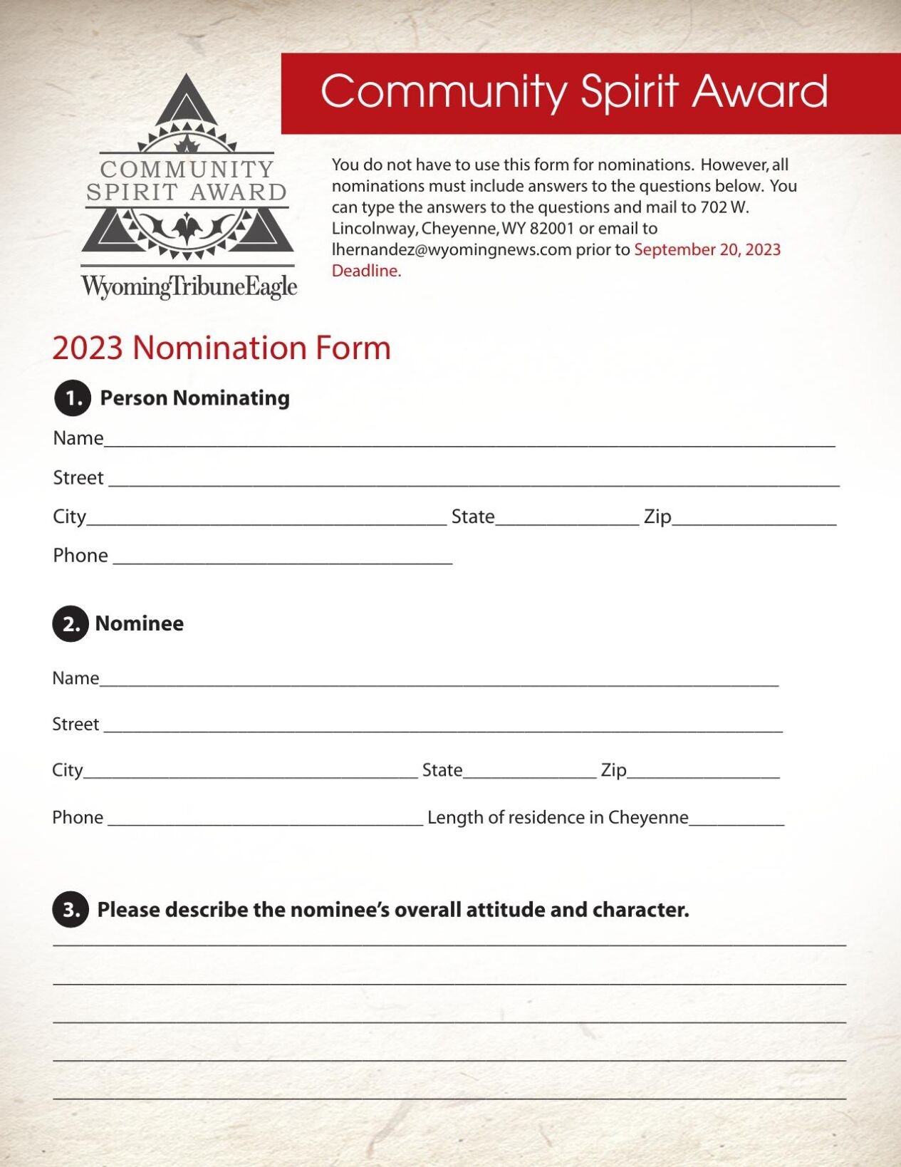WTE Community Spirit Award Nomination Form | Community Spirit Award ...