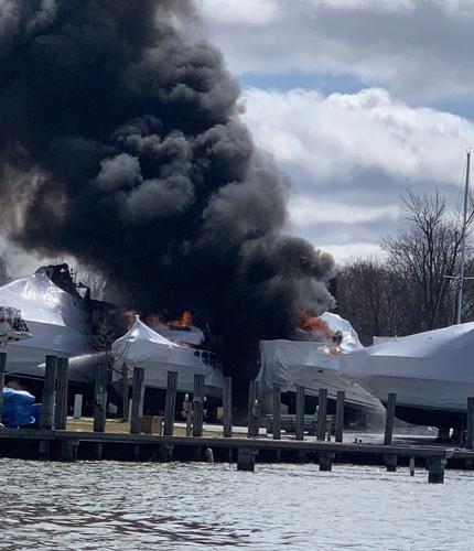 Georgina Fire on scene at Krates Marina in Keswick after boat fire spreads