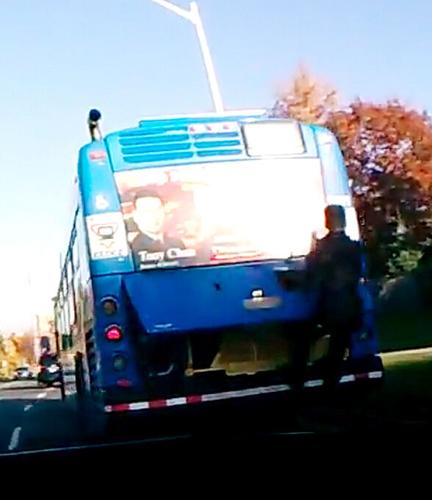 VIDEO: Dash cam records man riding on back of York Region bus